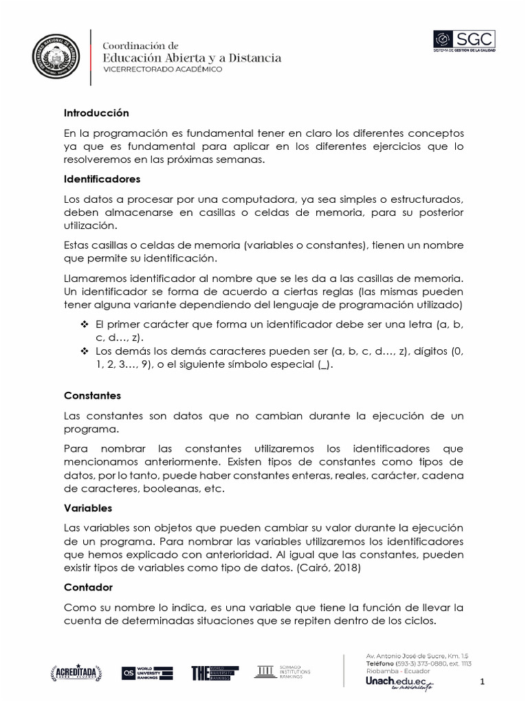 Lectura Complementaria Tema 2 Unidad 1 Programación | PDF | Tipo de datos | Variable (informática)