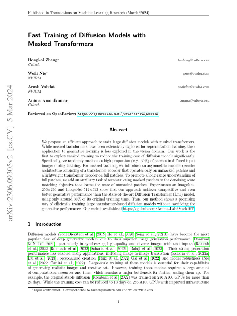 Fast Training of Diffusion Models With Masked Transformers: Hongkai Zheng | PDF | Stochastic ...