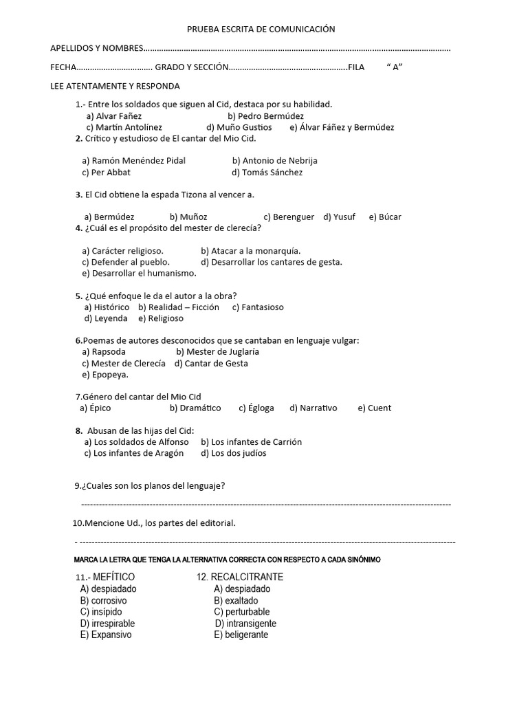 Prueba Escrita de Tercero | PDF | Literatura en español | Literatura ...