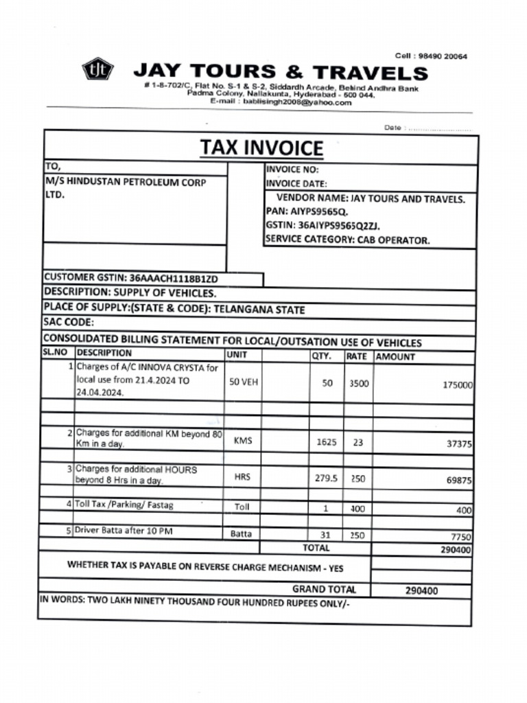 Jay Tour & Travel Bill | PDF