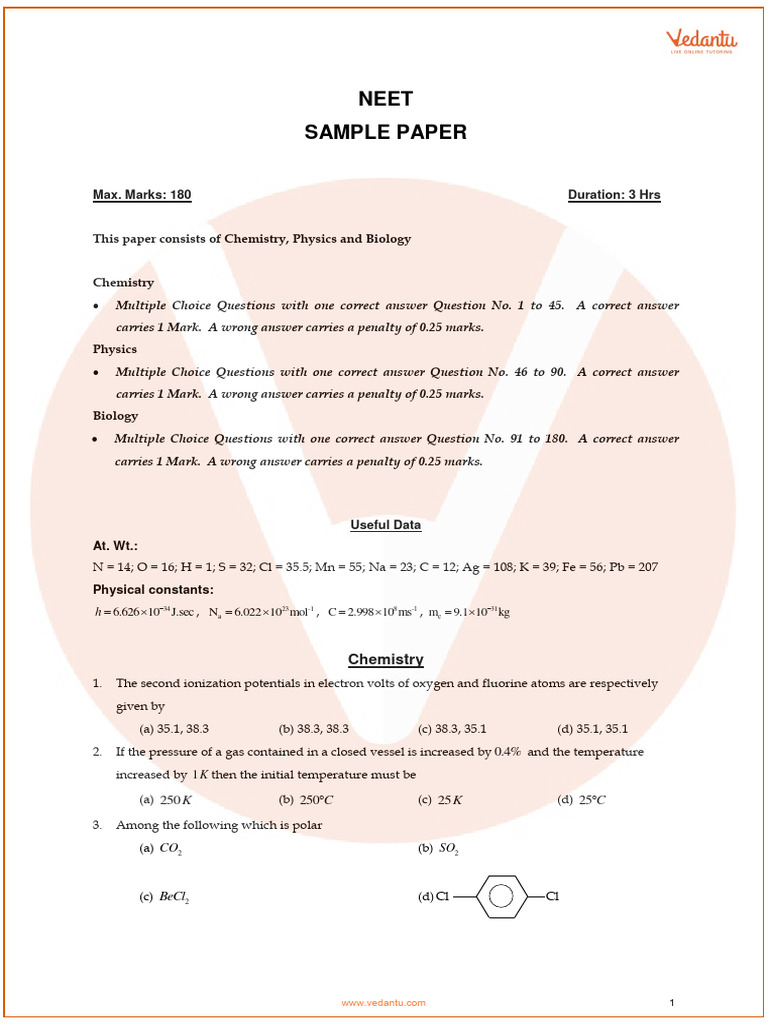NEET Exam Sample Paper Overview | PDF | Wavelength | Electronvolt