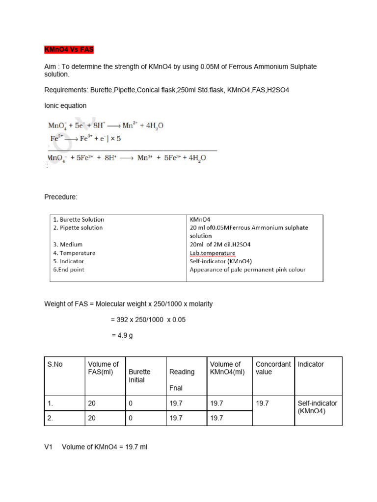 KMnO4 and FAS Titration Method | PDF