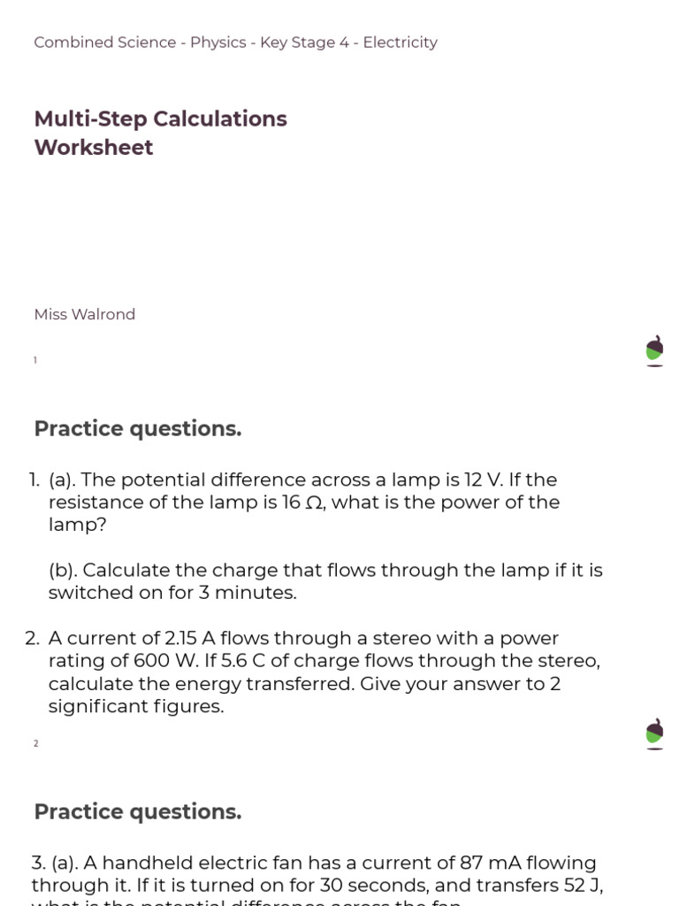 Multi-Step Electricity Calculations Worksheet | PDF | Watt | Electrical ...