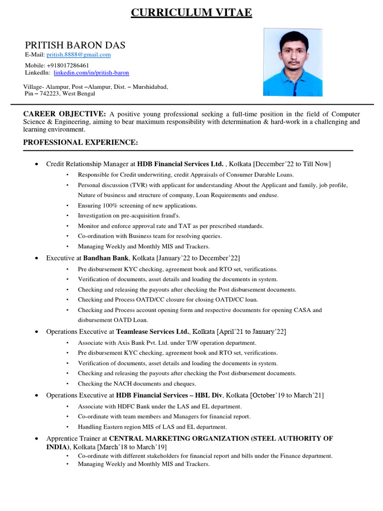 CV - Pritish - Baron - Das Referral of Debasis Banerjee | PDF | Diploma
