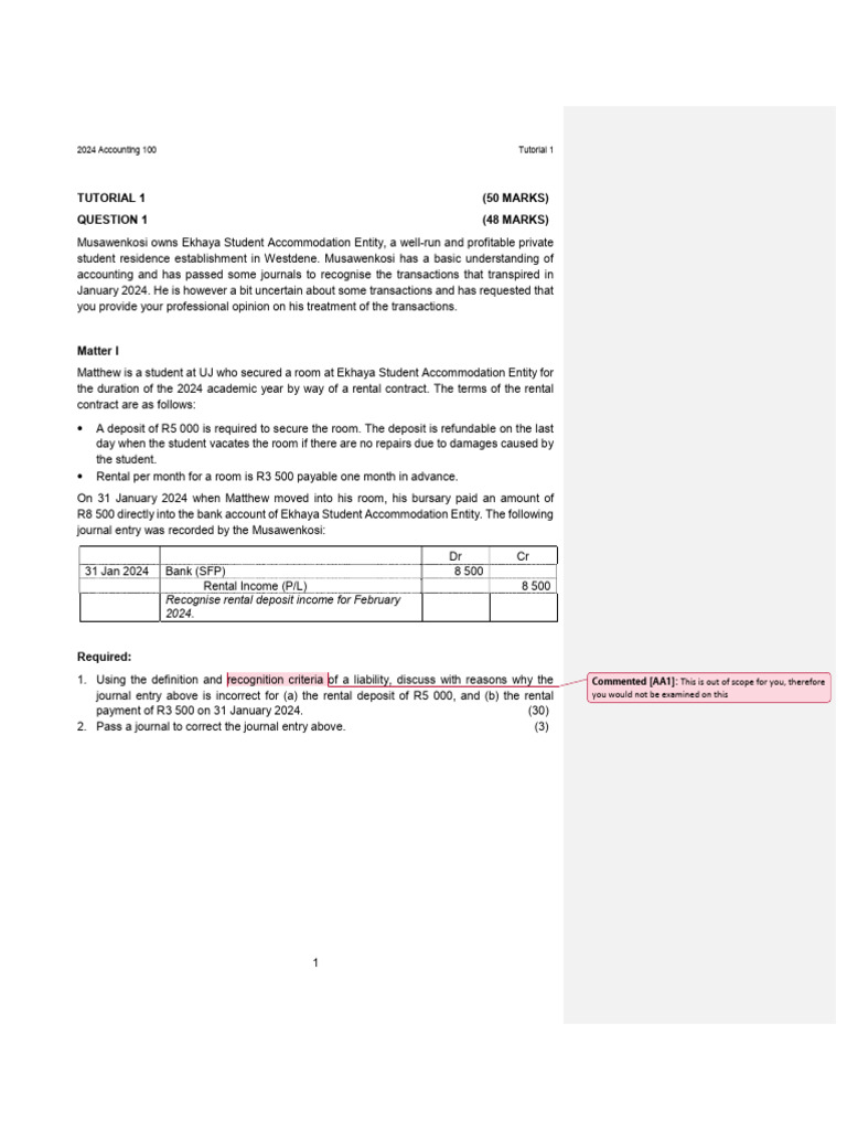 2024 Tutorial 1 - Question and Solution | PDF | Liability (Financial Accounting) | Equity (Finance)