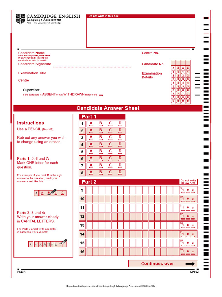 OPT_B2_FCE_answersheet_R-1 | Download Free PDF | University ...