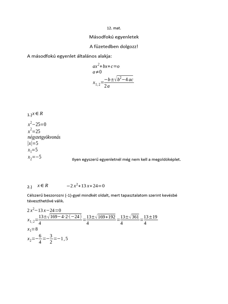 Mat. Másodfokú Egyenletek | PDF