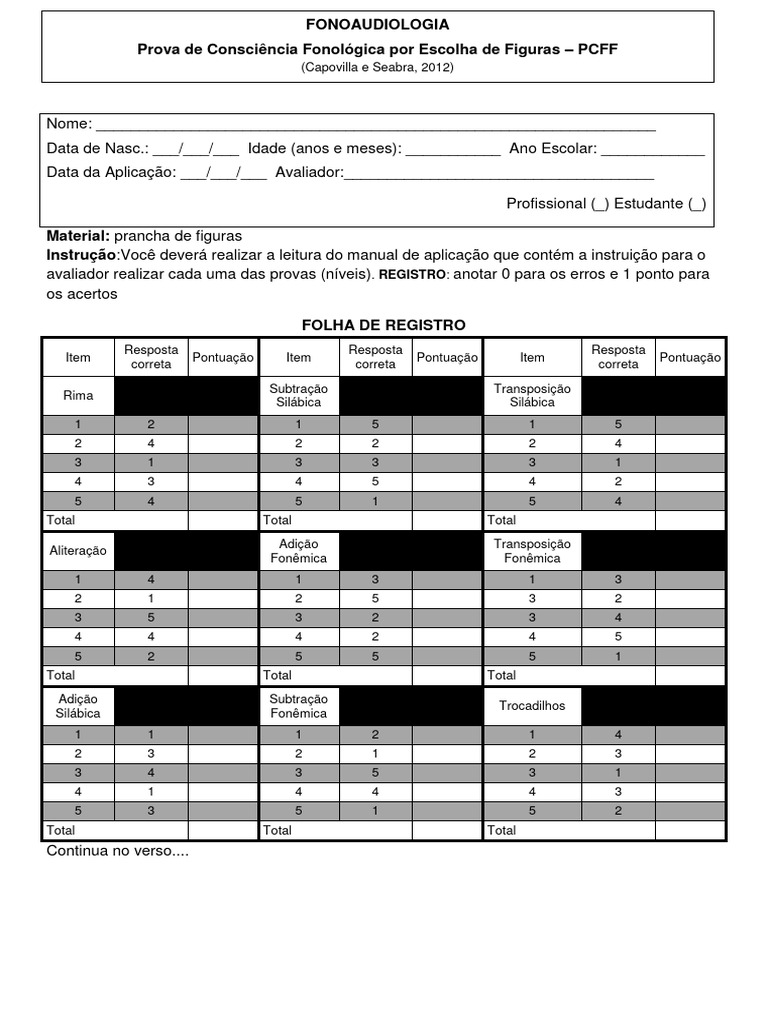 PCFF- Prova de consciencia fonológica por escolha de figuras | Download ...