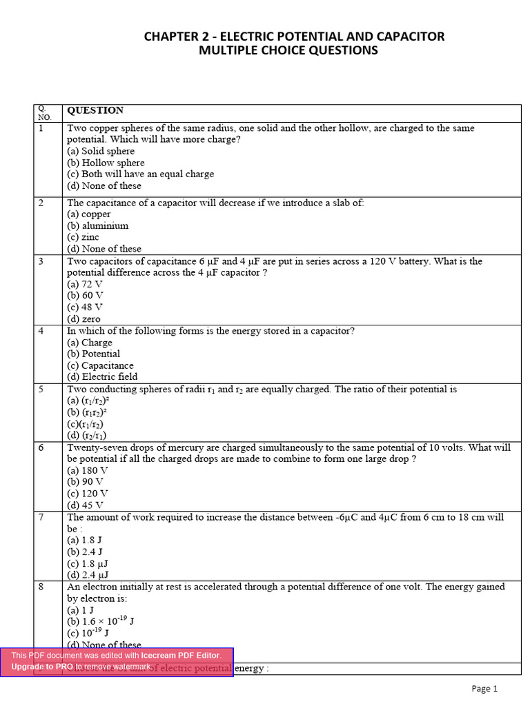 MCQ Phy Chaper 2 | PDF | Capacitance | Capacitor