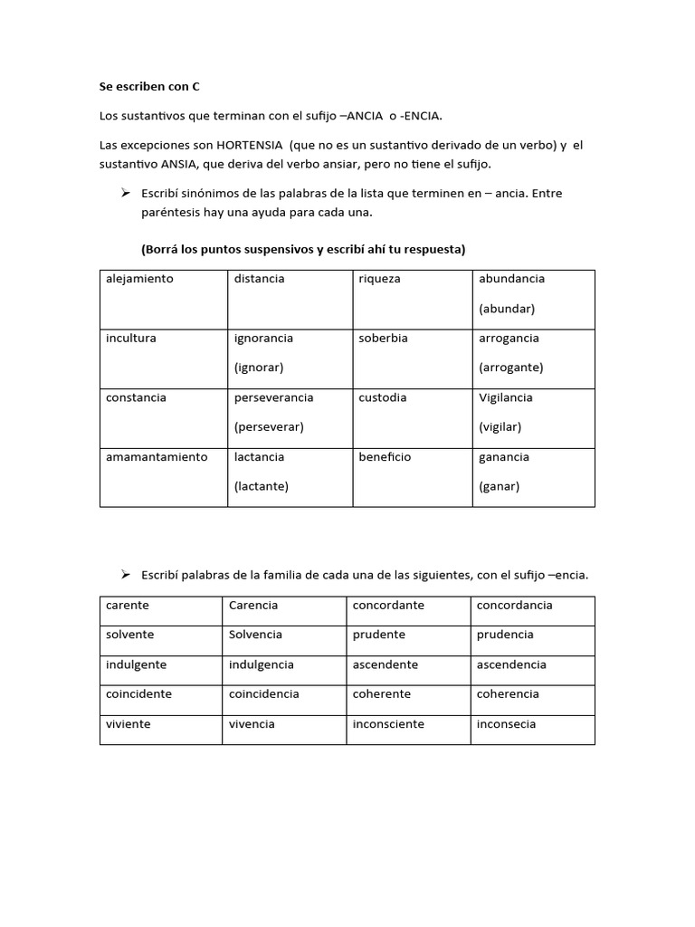 Reglas de Ortografía: Sufijos -ancia/-encia/-bilidad | PDF