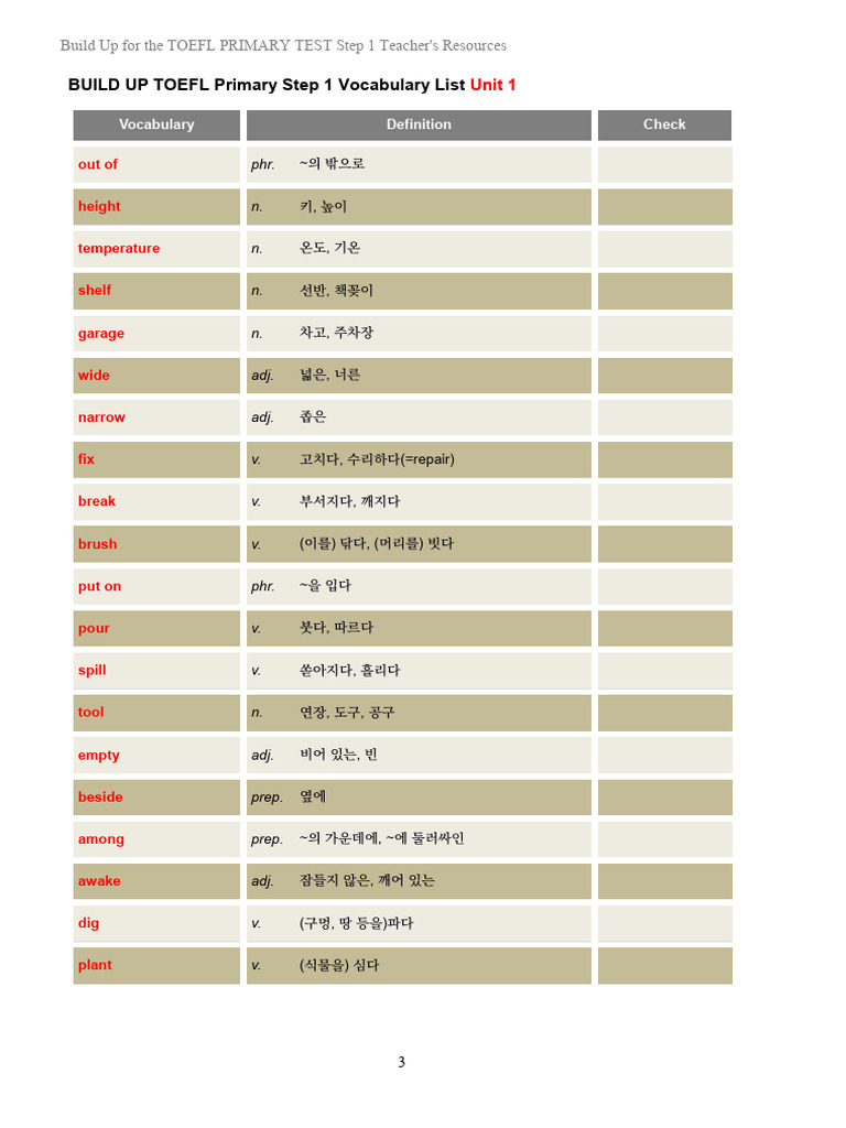 BUILD UP TOEFL Primary Step 1 - Vocabulary List | PDF