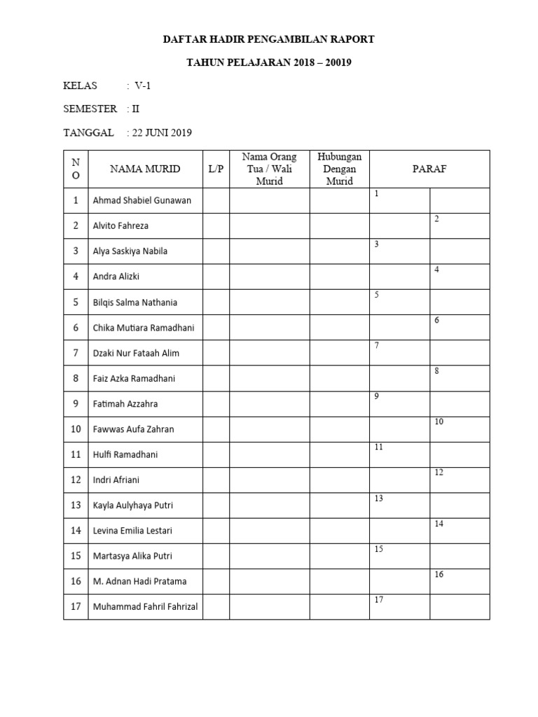 Daftar Hadir Pengambilan Raport | PDF