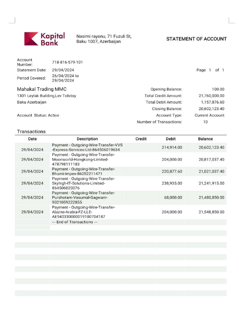 Bank Statement Mahakal Trading MMC 26042024 29042024 | PDF
