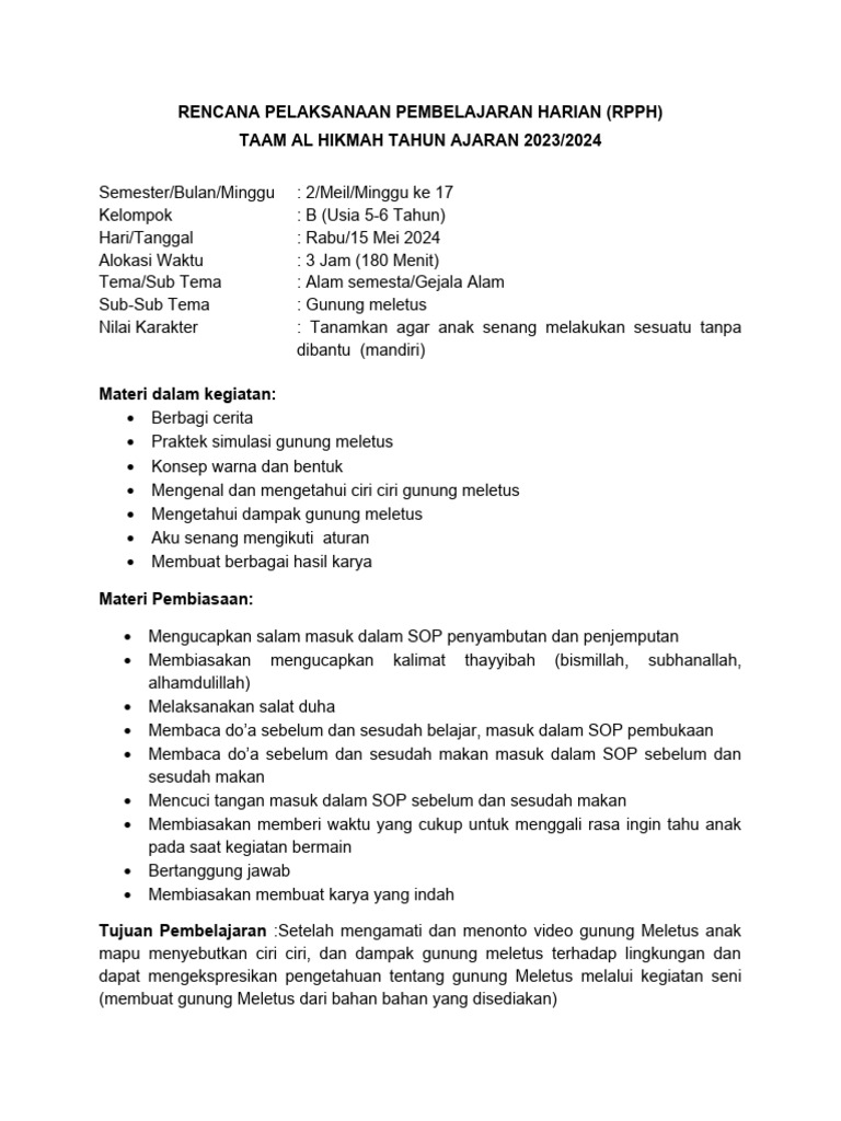 RPPH Tema Gunung Meletus untuk TK | PDF