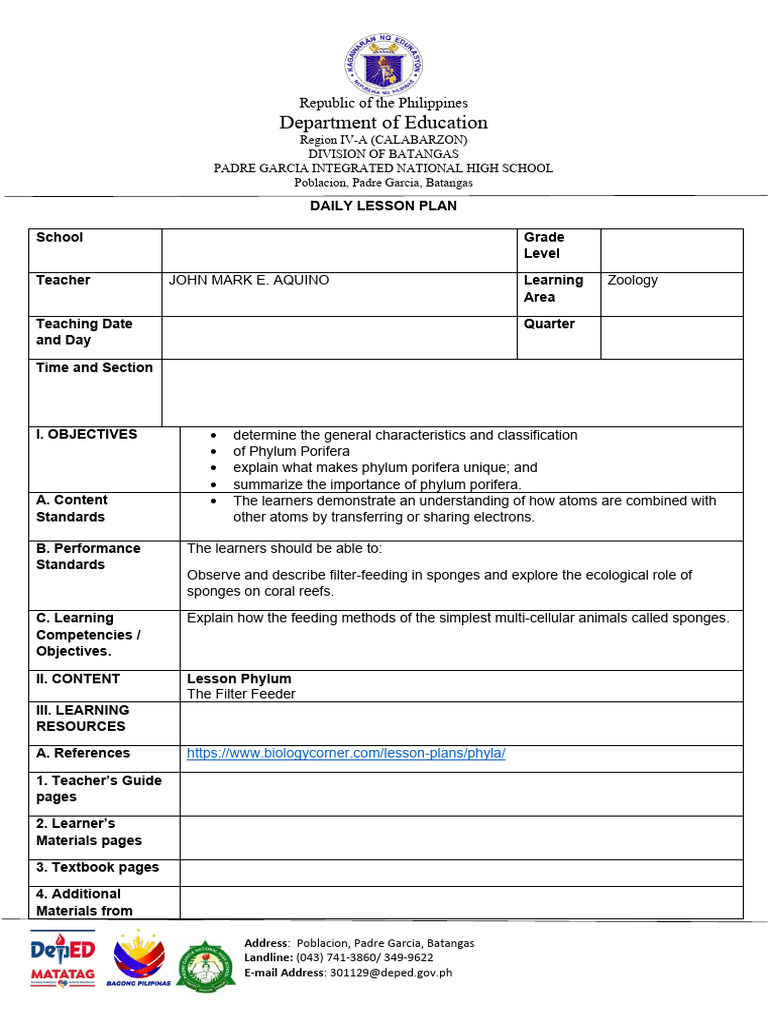 Phylum Porifera Zoology Lesson Plan | PDF | Sponge | Zoology