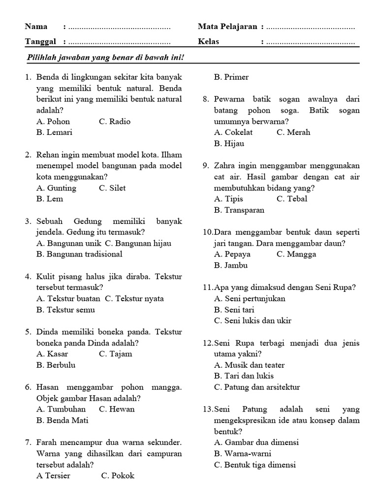 Soal SBK Kelas 1 SD | PDF