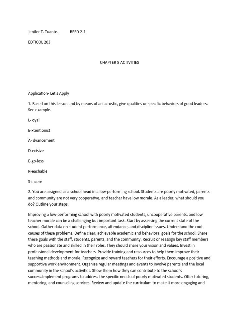 Chapter 8 Activities | PDF | Leadership | Teachers