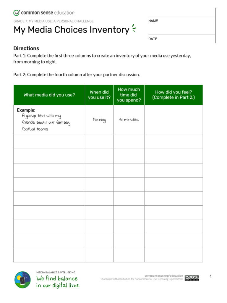 Grade 7 - My Media Use_ a Personal Challenge - My Media Choices ...