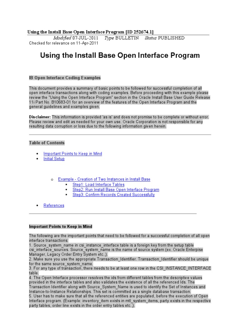 Install Base Open Interface Guide | PDF | Oracle Database | Computer ...