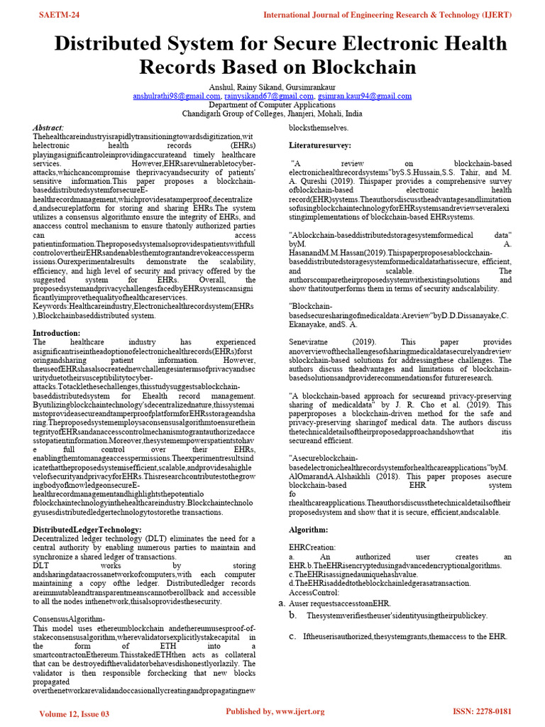 Distributed System For Secure Electronic Health Records Based On Blockchain IJERTCONV12IS03018 ...