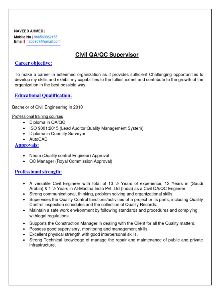 Naveed (QAQC Supervisor) | PDF | Quality Assurance | Specification (Technical Standard)