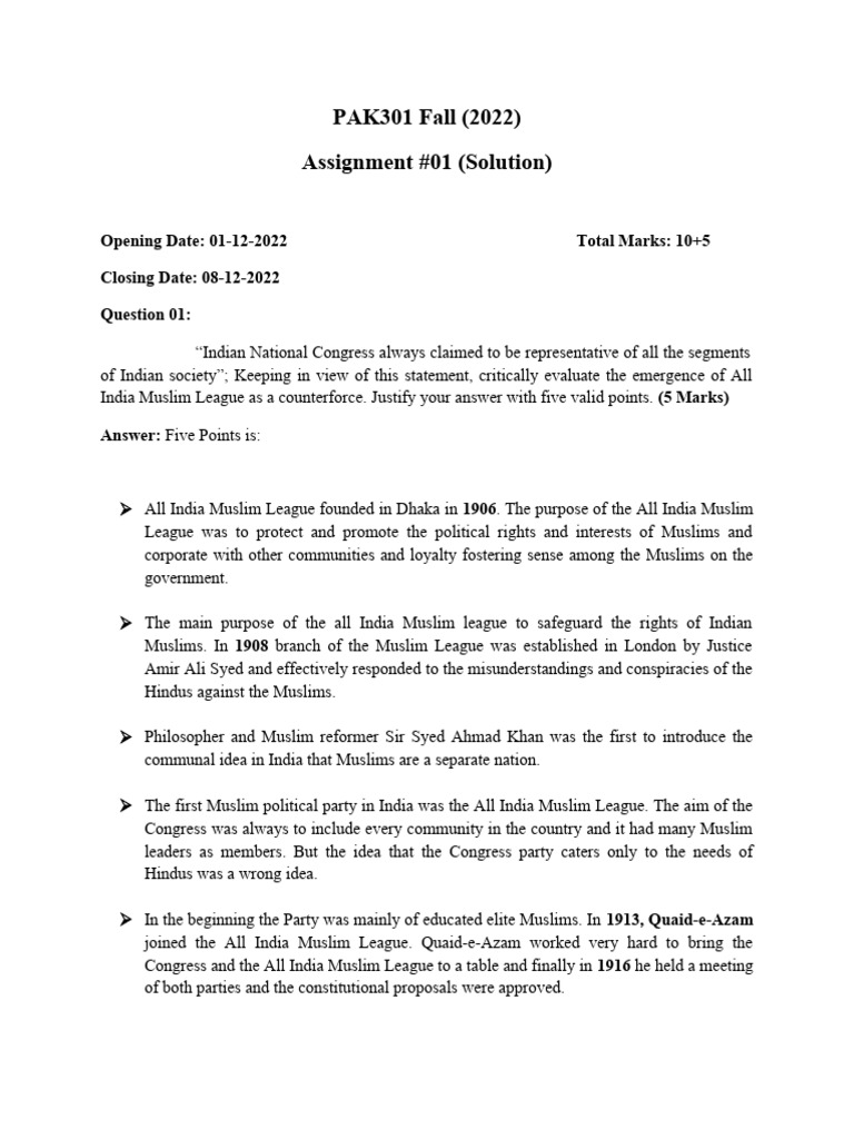 Assignment 01 Pak301 Solution | PDF | All India Muslim League ...