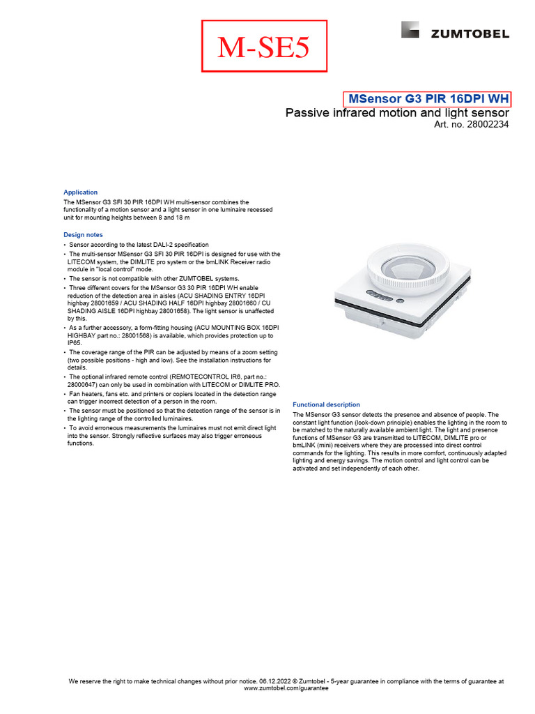 Passive Infrared Motion and Light Sensor: Msensor G3 Pir 16dpi WH | PDF ...