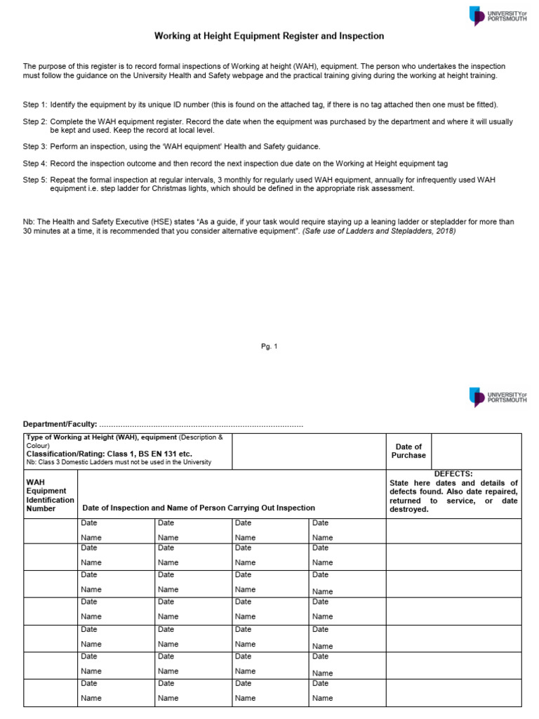 WAH_Reg_Inspect_Form | PDF | Ladder | Occupational Safety And Health