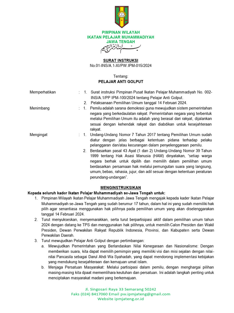 Surat Instruksi Pelajar Anti Golput | PDF