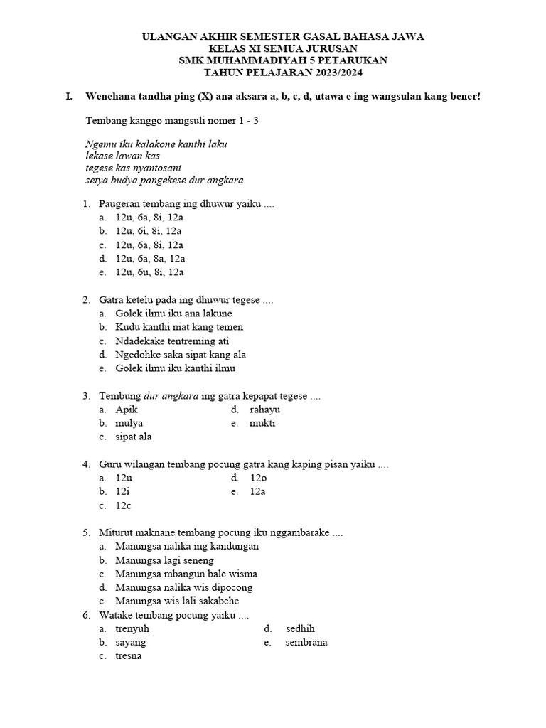 Soal Uas B.jawa Xi Gasal 2022 | PDF