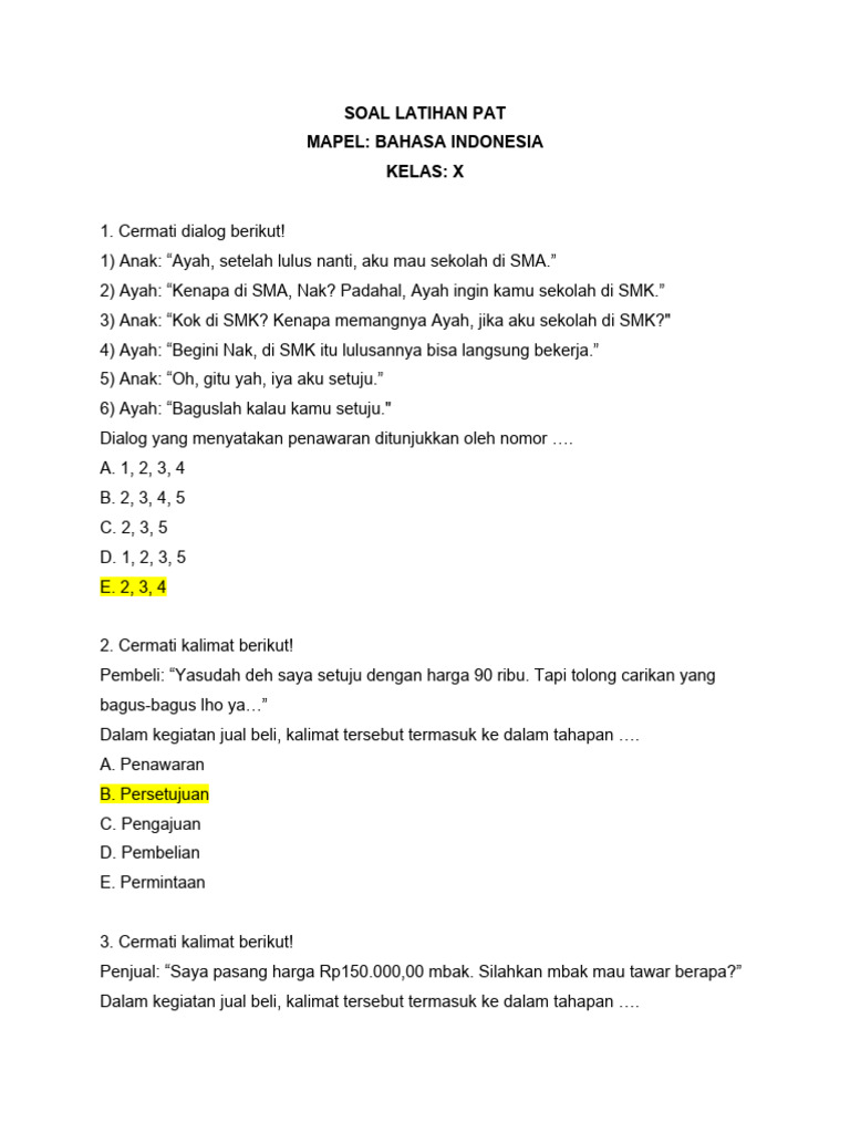Soal Latihan Pat Bindo Mei 24 | PDF | Seni