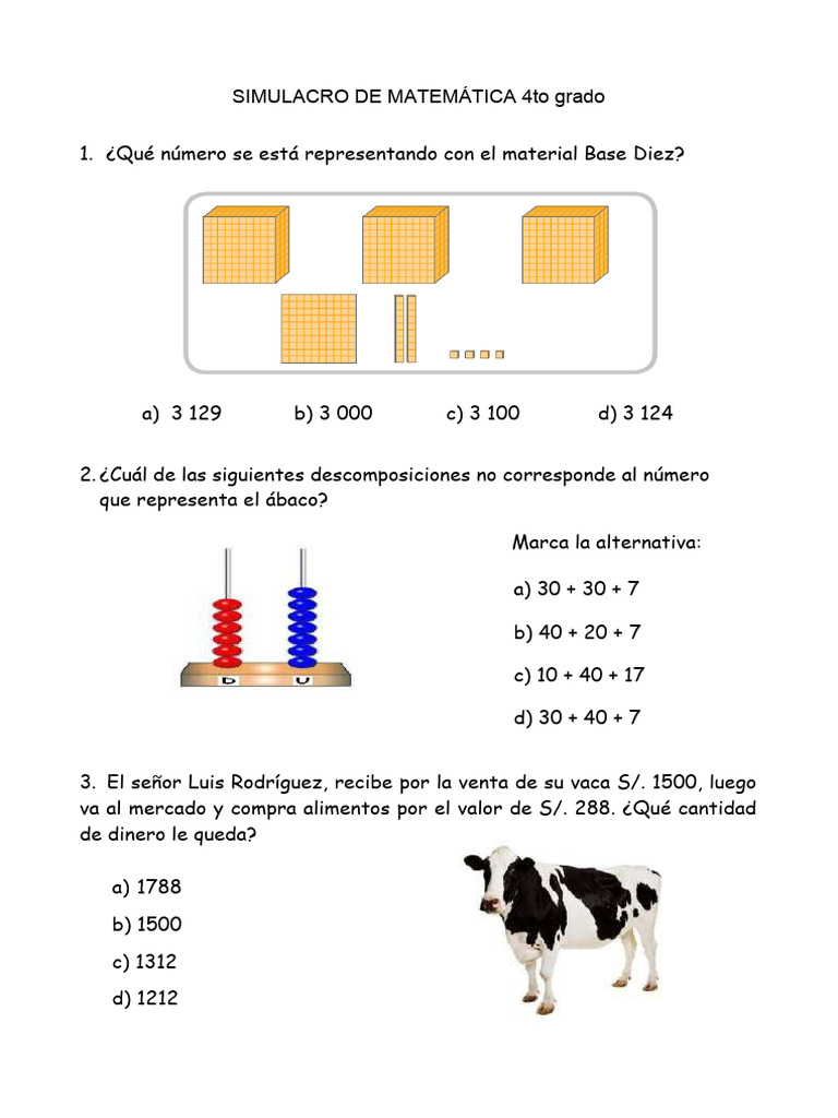 Simulacro Matemáticas 4to Grado | PDF