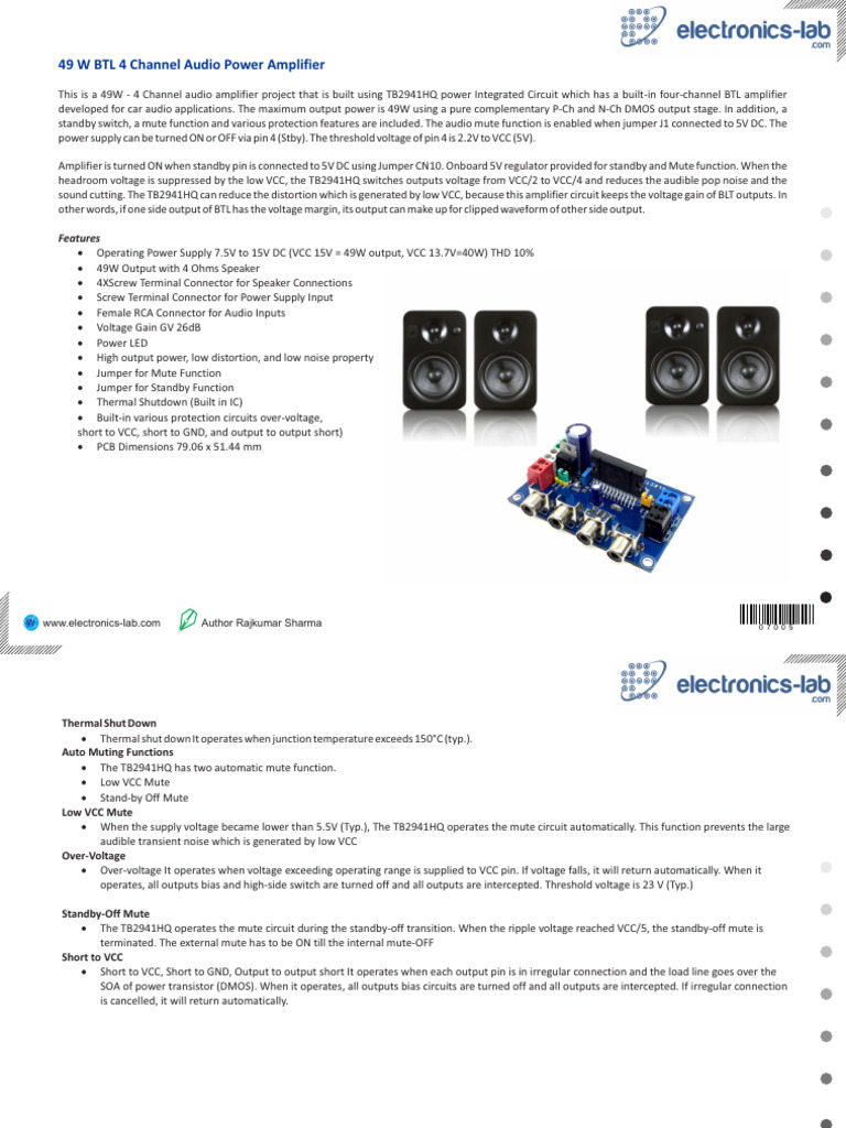 49W BTL 4 Channel Audio Power Amplifier | PDF | Amplifier | Power Supply
