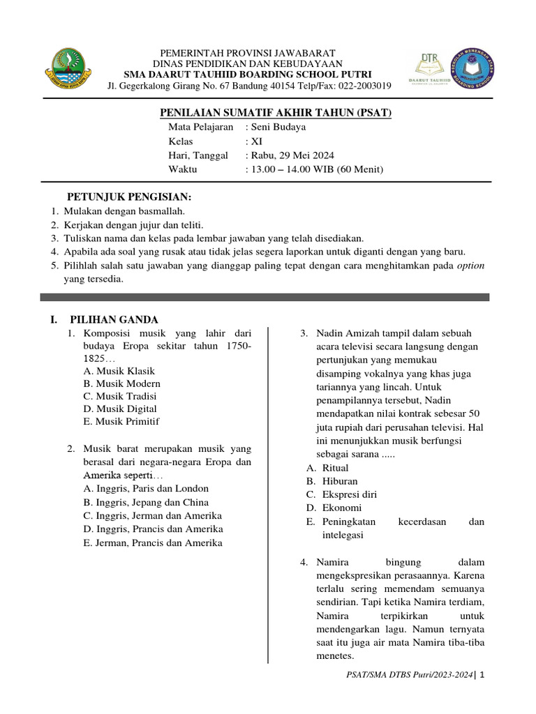 D3-Soal Dinas Seni Budaya XI PSAT 2023-2024 | PDF