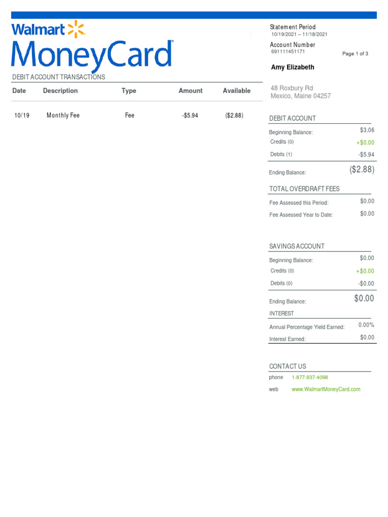 Walmart MoneyCard Statement Overview | PDF | Credit Card | Debit Card