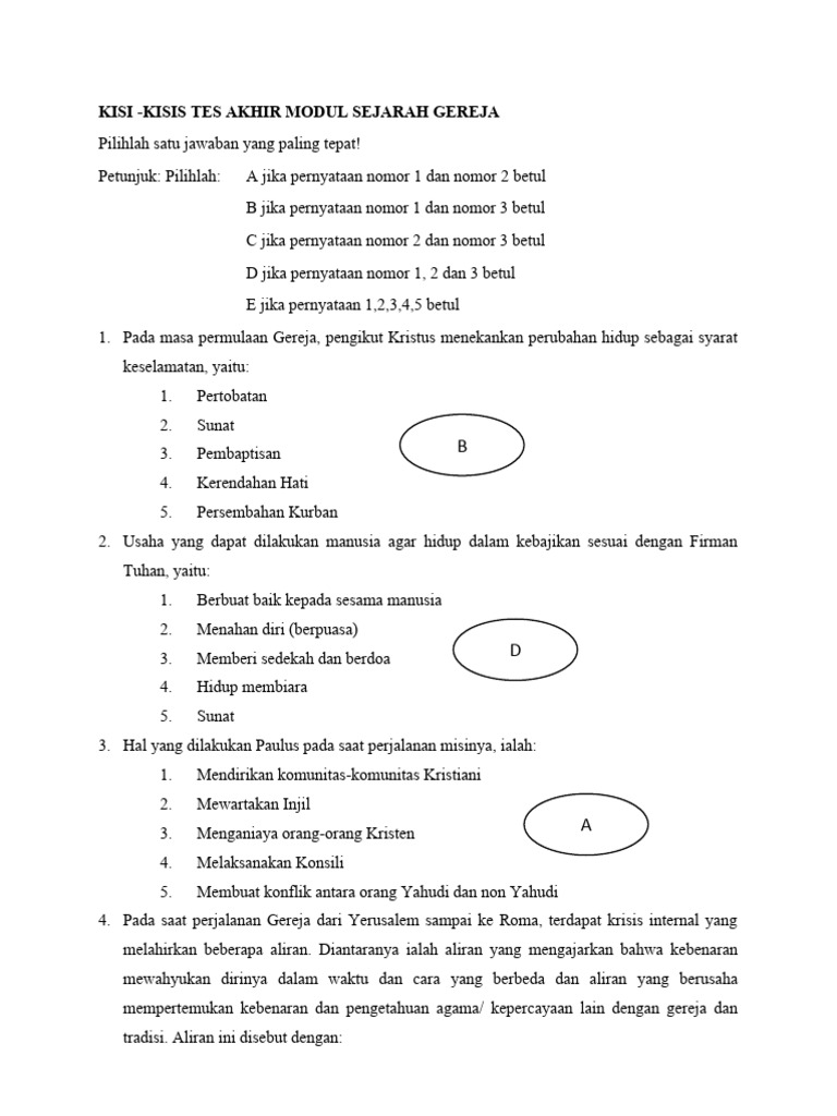 Soal Modul Sejarah Gereja Pretest - F1 - F2 - Tes Akhir Modul | PDF