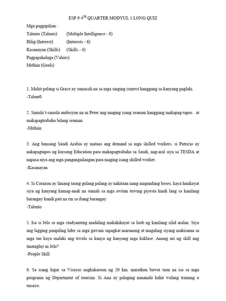 Esp 9 4TH Quarter Modyul 1 Long Quiz | PDF