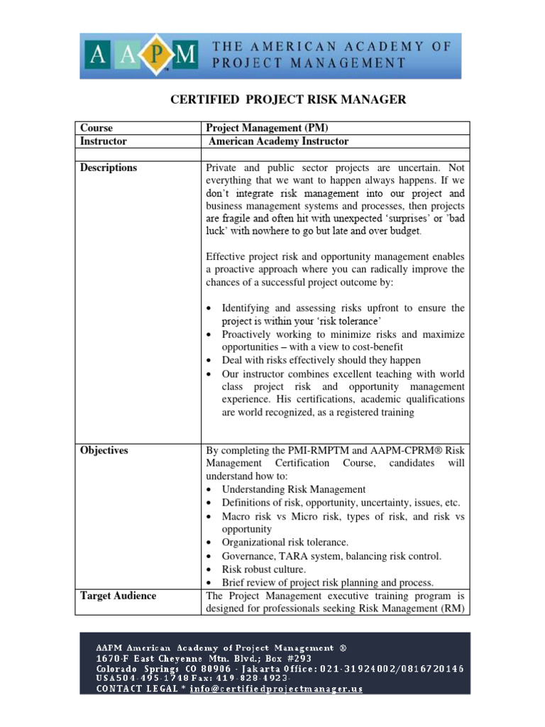 CPRM (Certified Project Risk Manager) Syllabus | PDF | Risk | Risk ...