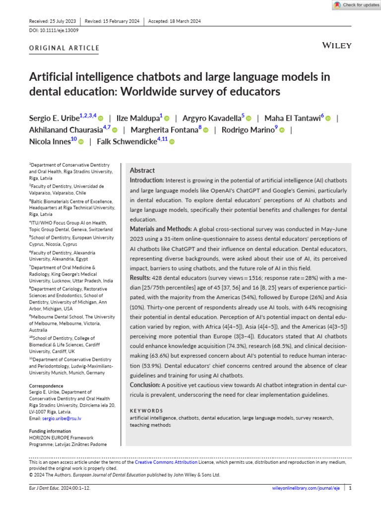 Eur J Dental Education - 2024 - Uribe - Artificial intelligence chatbots and large language ...