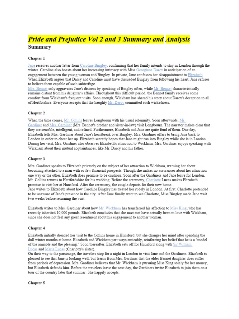 Pride and Prejudice Vol 2 and 3 Summary and Analysis | PDF | Mr. Darcy ...