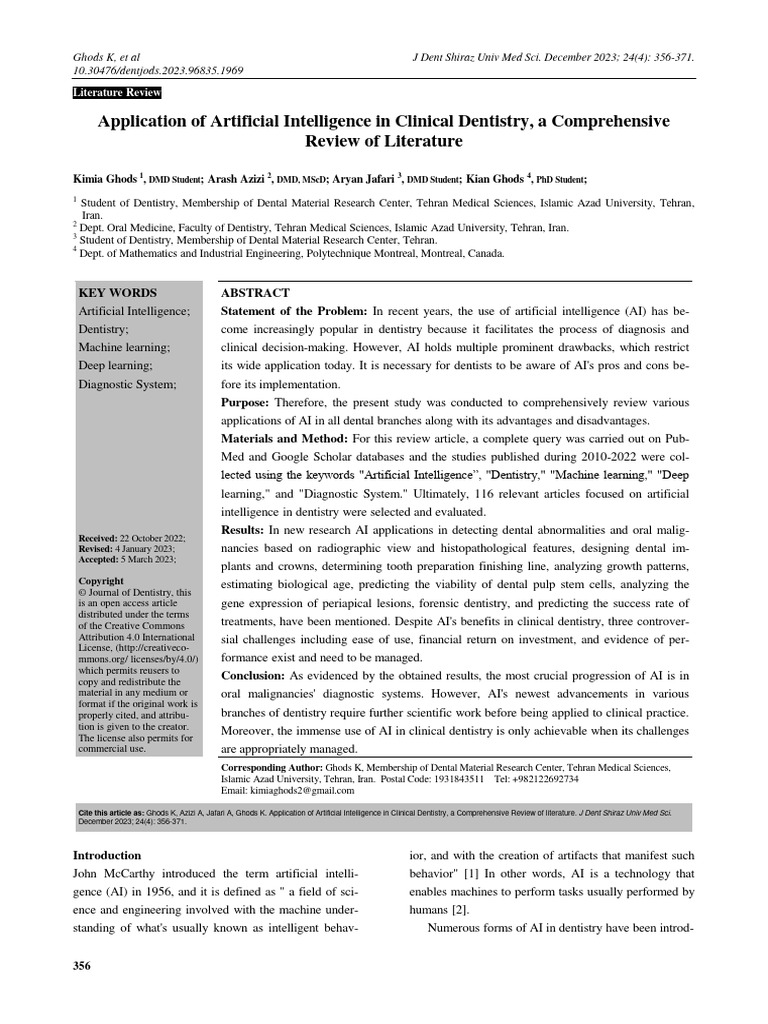 Application of Artificial Intelligence in Clinical Dentistry, a ...