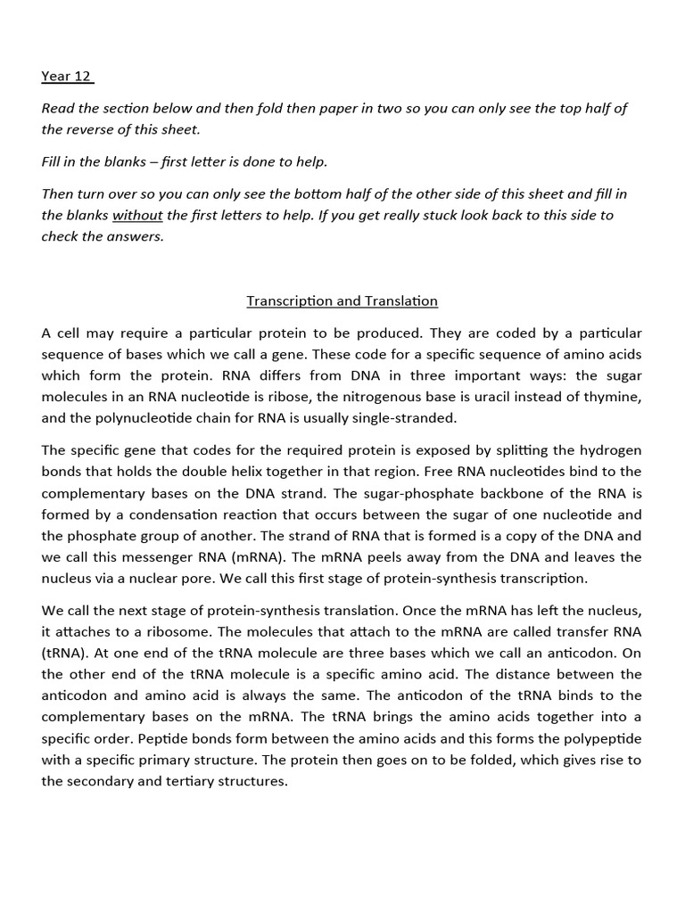Transcription_and_Translation_Cloze_Exercise (1) | PDF | Rna ...