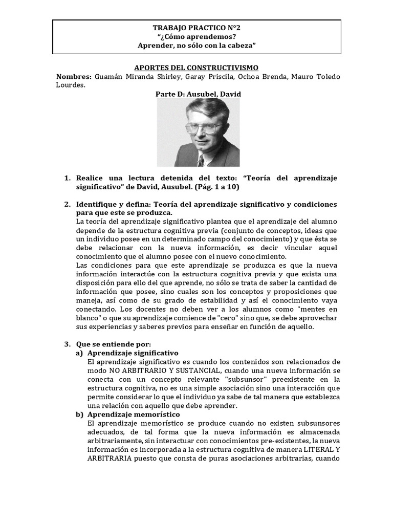 TRABAJO PRACTICO No 2 AUSUBEL | PDF | Aprendizaje | Psicología cognitiva TRABAJO PRACTICO No 2 AUSUBEL | PDF | Aprendizaje | Psicología cognitiva