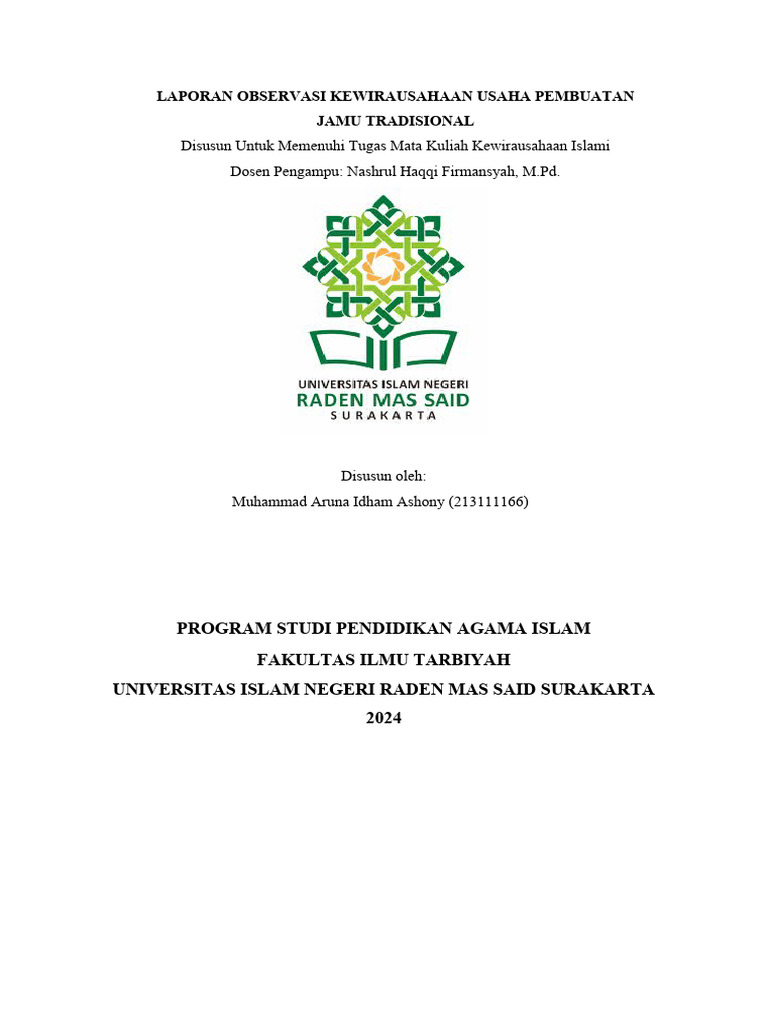 Laporan Kewirausahaan Jamu Jawa Sehat M Aruna Idham A | PDF