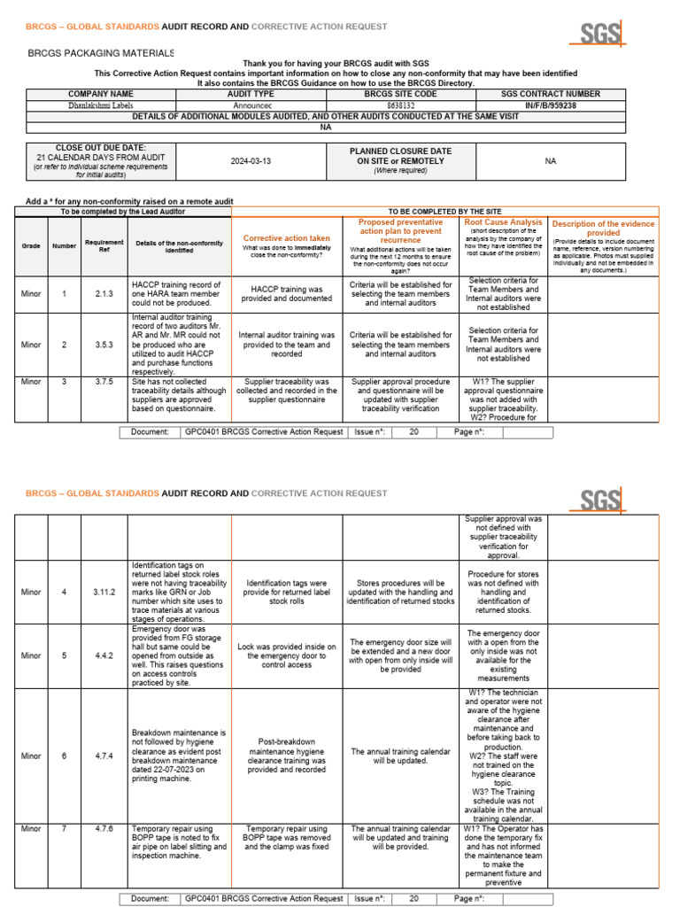 BRCGS Audit Corrective Action Guide | PDF | Audit