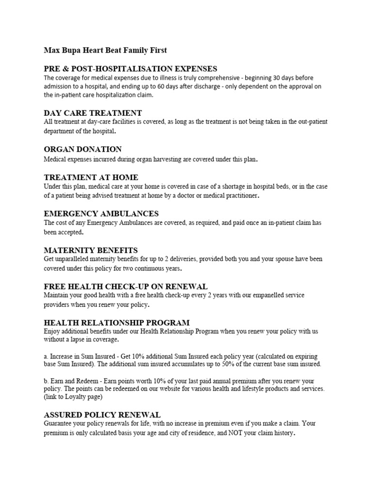 Max Bupa Heart Beat Family First Plan | PDF | Patient | Hospital