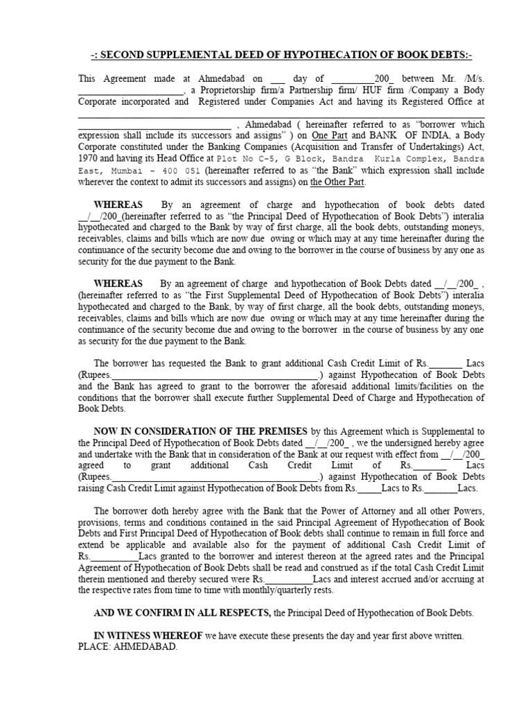 Second Supplemental Deed of Hypothecation of Book Debts | PDF | Debt | Banks