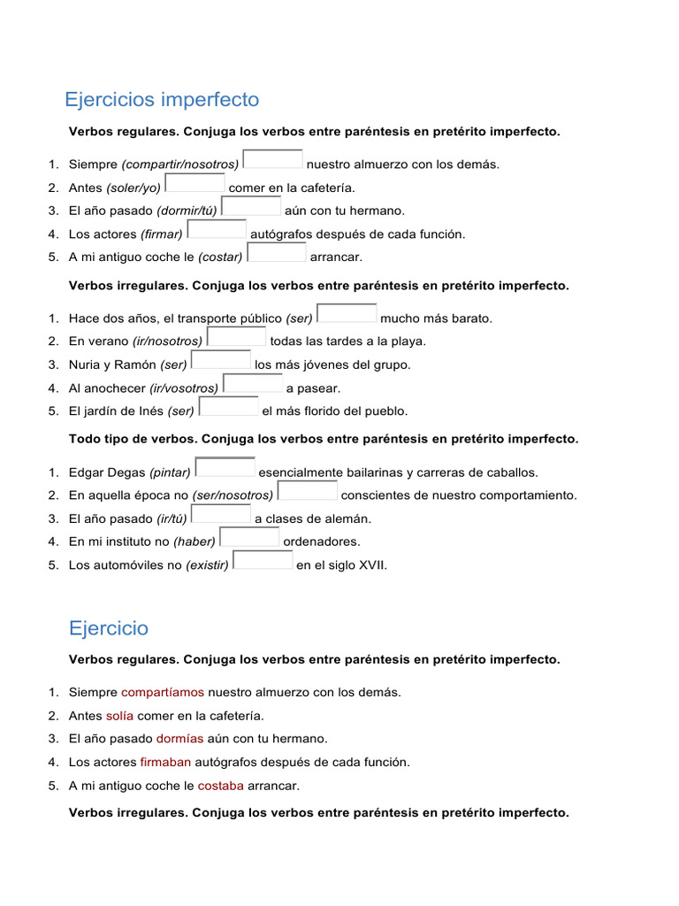 Ejercicios de conjugación en imperfecto | PDF