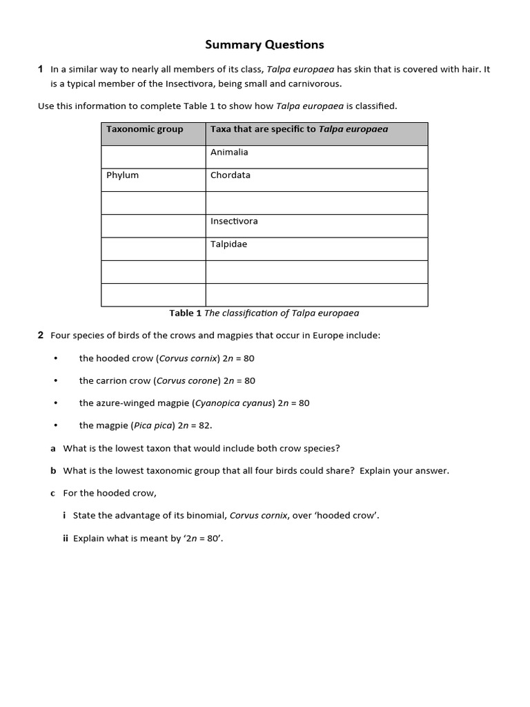 1c Summary Questions For Classification Booklet Qs Only | PDF | Mammals ...