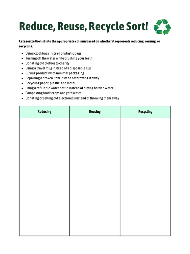 Reduce Reuse Recycle For Worksheets in Green Blue Illustrative Style | PDF